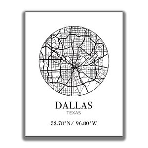 Dallas TX City Street Map Wall Art - 11x14 UNFRAMED Modern Abstract Black & White Aerial View Decor Print with Coordinates. Makes a great Texas-Themed Gift.