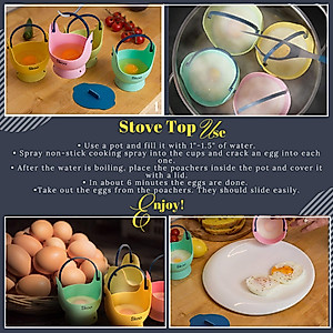 Egg Poacher - Skoo Silicone Egg Poaching Cups + Lids + Ebook - Egg Cooker Set - Perfect Poached Egg Maker - For Stove Top, Microwave and Instant Pot (Green, Red, Yellow, Turquoise, Dark Blue)