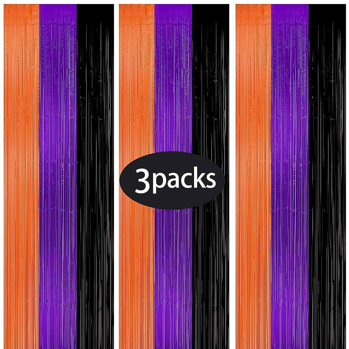 Halloween Backdrop Curtains 3 Pack 8.5X9.84 ft Halloween Party Photo Backdrop Black Orange Purple Photo Booth Props Metallic Tinsel Foil Fringe Curtain for Halloween Party Decoration Supplies
