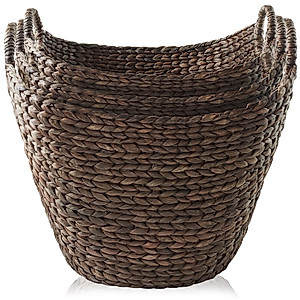 Casafield Set of 3 Multipurpose Boat Baskets with Handles - Espresso, Woven Water Hyacinth Storage Organizers for Throw Blankets, Bedroom, Living Room, Laundry