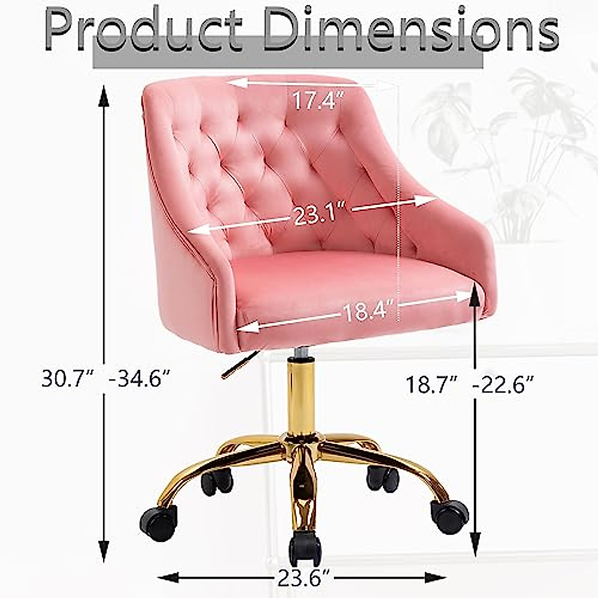 MOJAY Velvet Office Swivel Chair, Vanity Chair, Fabric Desk Chair, Pretty Fancy Chair, Gold Office Chair for Girls, 360°Swivel Height Adjustable Reception Chair (Peach)