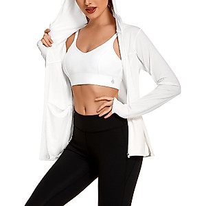 COOrun Women's UPF 50+ Sun Protection Hoodie Jacket Lightweight Full Zip Running Jacket Athletic Jacket with Thumb Holes White XL