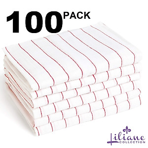 Liliane Collection Bulk Wholesale Carton of 100 Glass Towels - 16" x 27" 100% Cotton Kitchen Towels - Dish Towels in White with Red Stripes - No Streaks or Spots on Glasses, Flutes, Wine Glasses