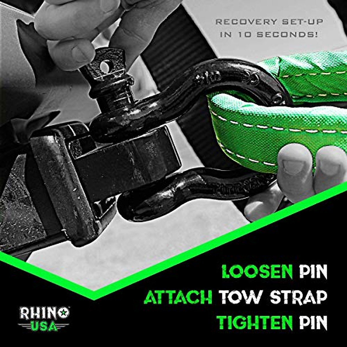 Rhino USA Shackle Hitch Receiver (Fits 2" Receivers) Best Towing Accessories for Trucks, Jeep, Toyota & More - Connect Your Rhino Tow Strap for Vehicle Recovery, Mounts to 2" Receiver Hitches