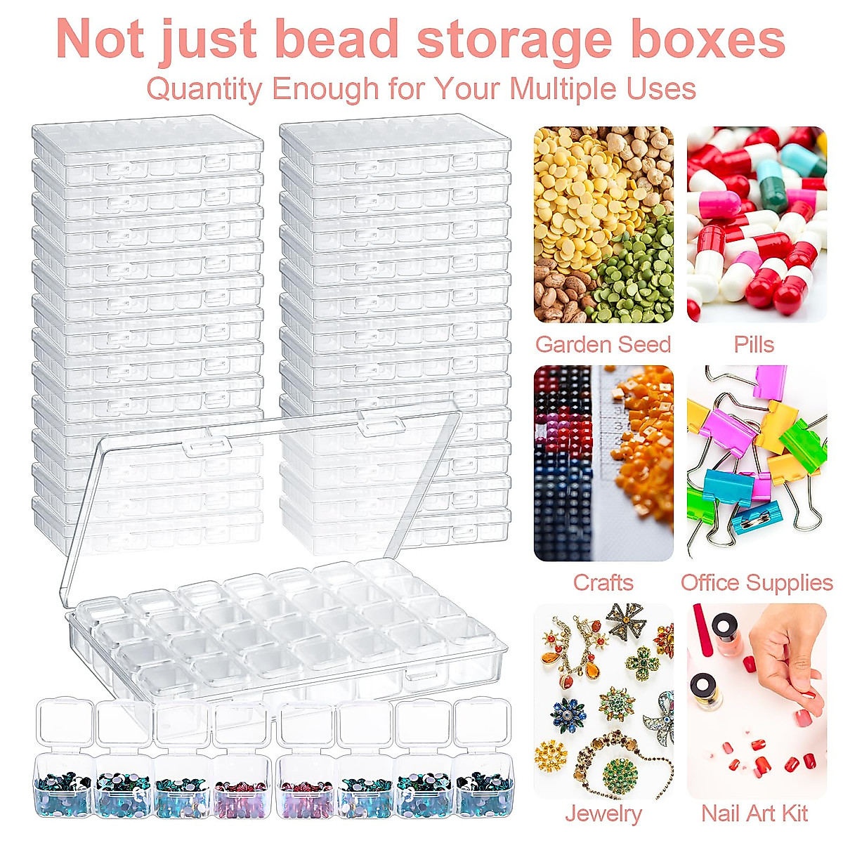 Ripeng 24 Pack 672 Slots Diamond Painting Storage Containers Bulk, 28 Grids Bead Organizer Box Diamond Painting Accessories Boxes Diamond Art Embroidery Storage with 960 Label Stickers