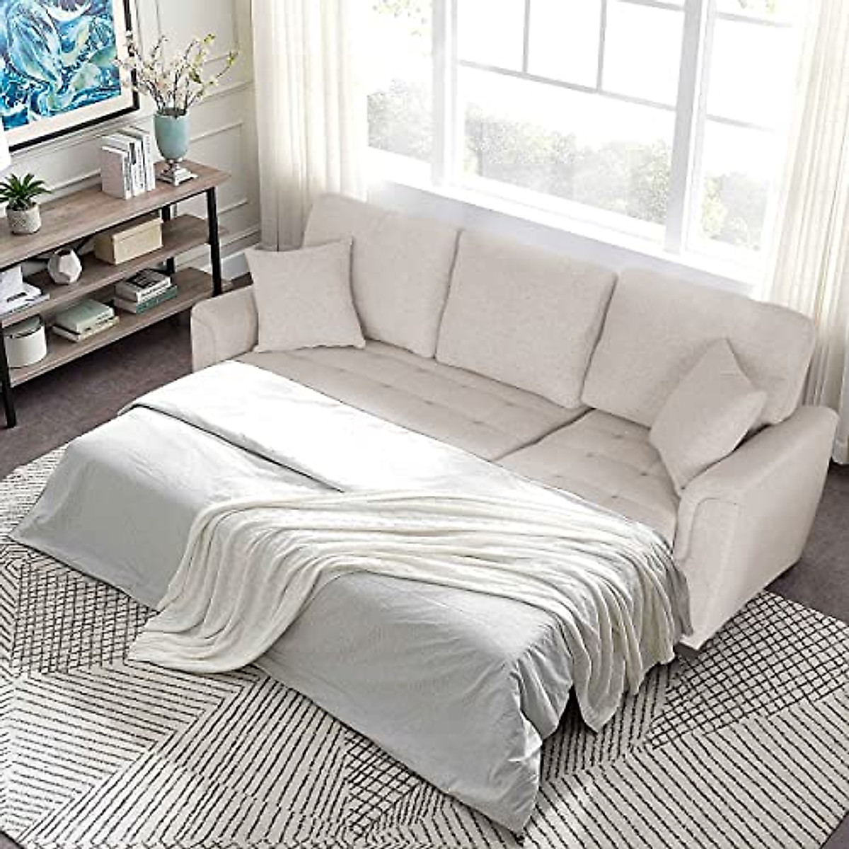 Melpomene Upholstered Sectional Sofa Couch, Convertible Pull Out Bed Sleeper Sofa with Storage 3 Seater L Shaped Couch with 2 Pillows,Linen Fabric Corner Sofa for Living Room(Beige)