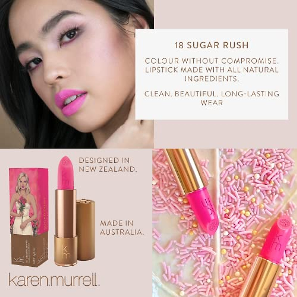 Karen Murrell Natural Lipstick - #18 Sugar Rush - Cream Finish, Bubble Gum Pink Color - Moisturizes & Hydrates Lips - Paraben & Cruelty Free