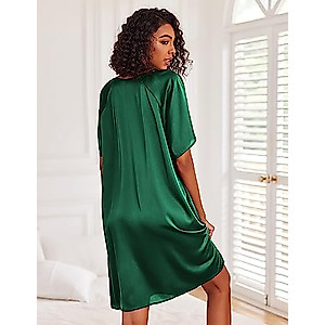 Ekouaer Silk Night Gown for Women Satin Night Shirts for Sleepwear Short Sleeve Pj Dress Soft Lounge Dress (Dark Green, M)