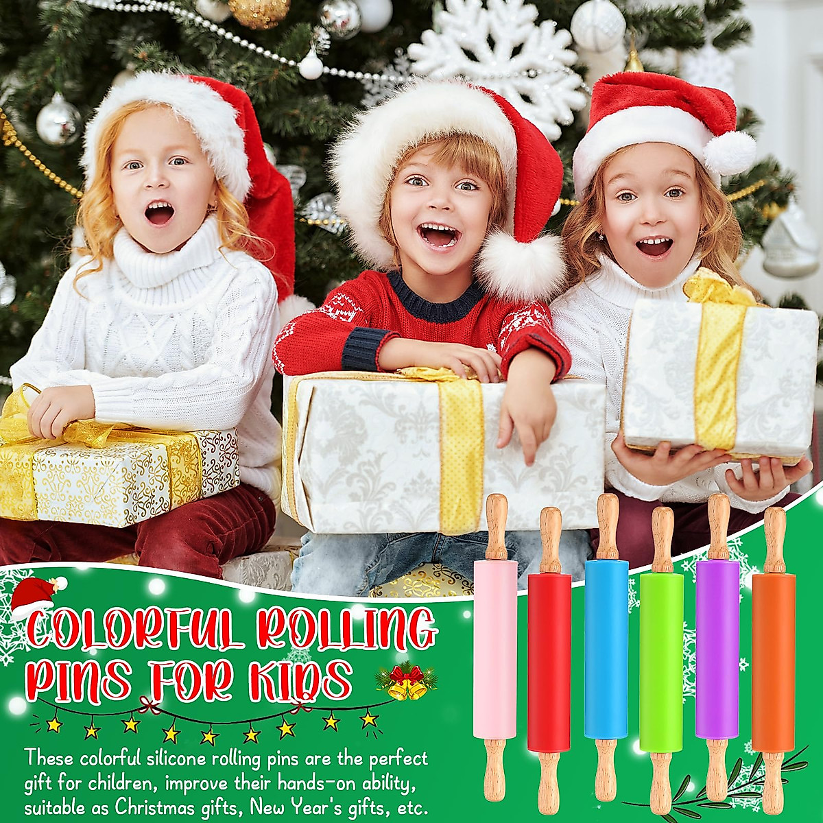 Dandat 6 Pcs Small Rolling Pin Kids 12 Inch Mini Silicone Rolling Pin for Baking Non Stick Kids Dough Roller with Wooden Handle for Kitchen Cookie Pastry Fondant Cake 6 Colors