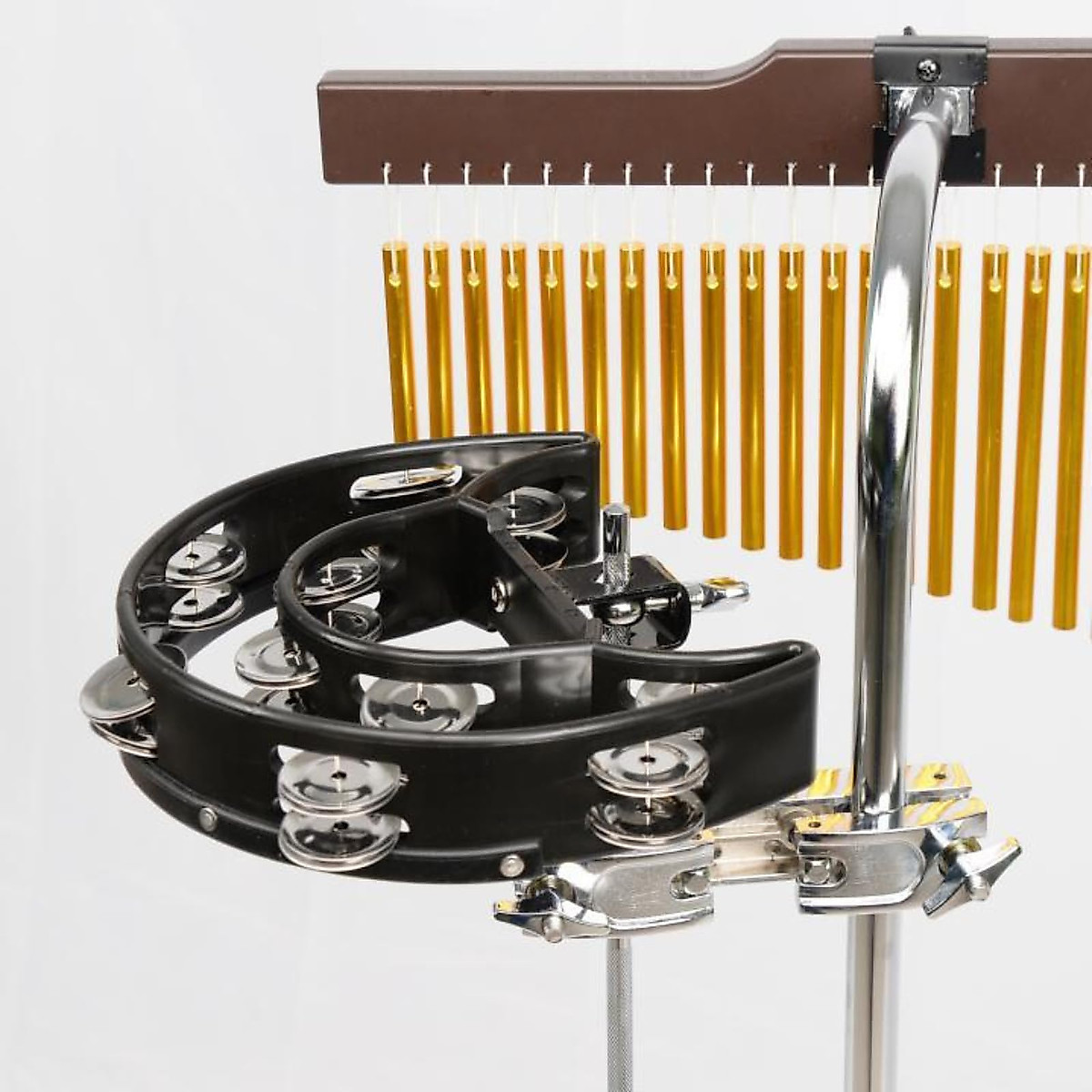 Hi Hat Tambourine Half Moon Hand Bell Rattle Double Row Bells with Mounting Bracket for Drummers Guitarists