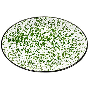 Red Co. Enamelware Metal Classic 13" Serving Oval Tray Platter, Dark Green Marble/Black Rim - Splatter Design