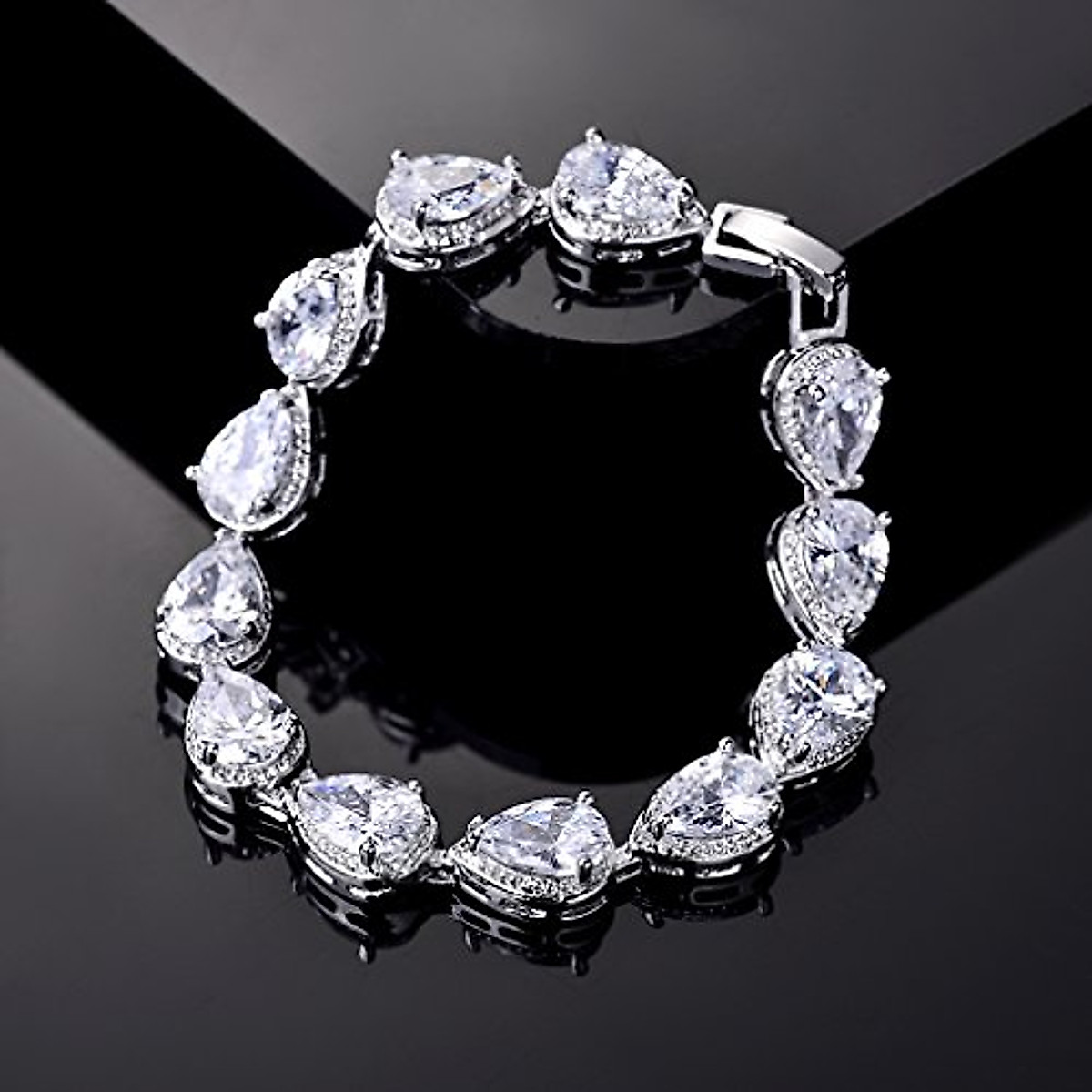MASOP Silver-tone CZ Cubic Zirconia Pear Shape Teardrop Choker Necklace Bracelets Earrings Jewelry Set