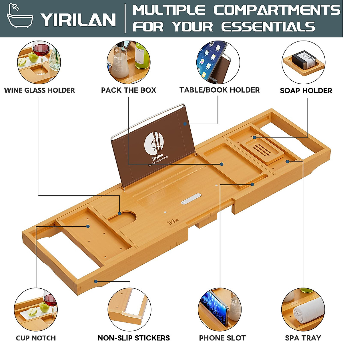 Yirilan Luxury Bathtub Tray Caddy - Expandable Bath Tray - Unique House Warming Gifts, New Home, Anniversary & Wedding Gifts for Couple, Bridal Shower Gift for Women