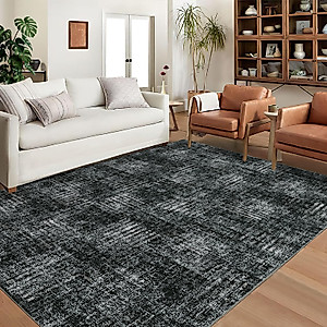 ROYHOME 8x10 Area Rug Machine Washable Rug for Living Room Plaid Checkered Indoor Accent Rug Stain Resistant Non-Slip Modern Abstract Aesthetic Floor Cover Carpet for Home Decor, Dark Grey
