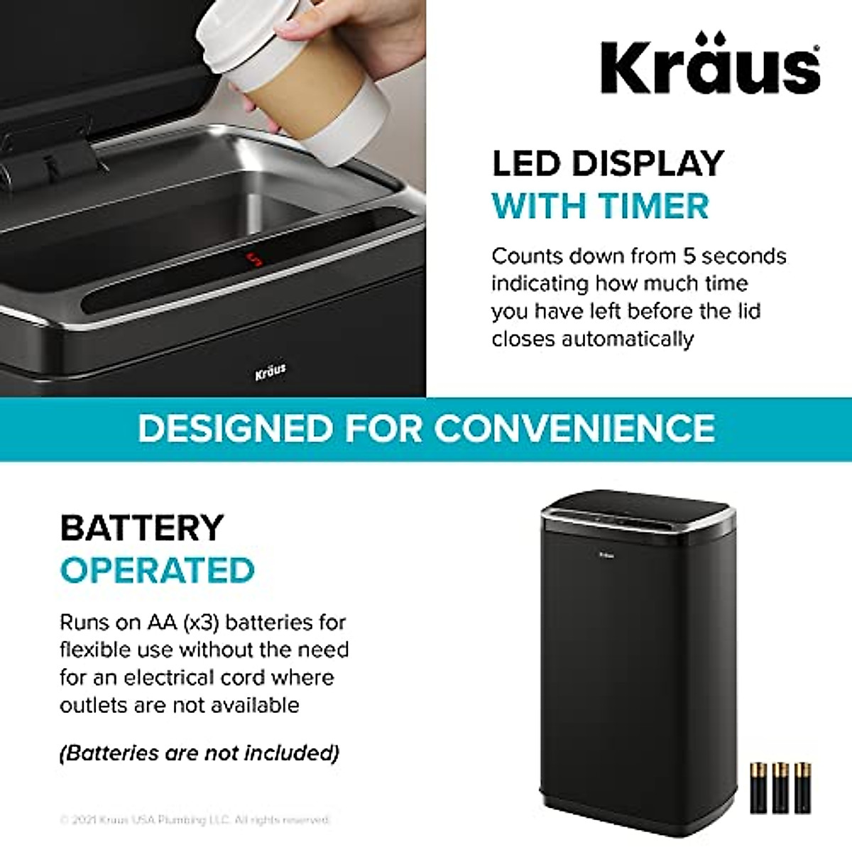 Kraus KTCS-10MB GarbagePro Rectangular 13 Gallon Hands-Free Motion Sensor Trash Can Battery Operated in Matte Black Finish with SoftShut Touchless Lid