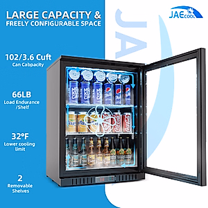 JAE Back Bar Cooler 3.6 cu ft(102 Cans), Low-E Tempered Glass Single door Beverage Refrigerator, Built-in Counter Height Display Cooler, Auto-defrost, Digital Control, Eco-friendly Compressor, ETL