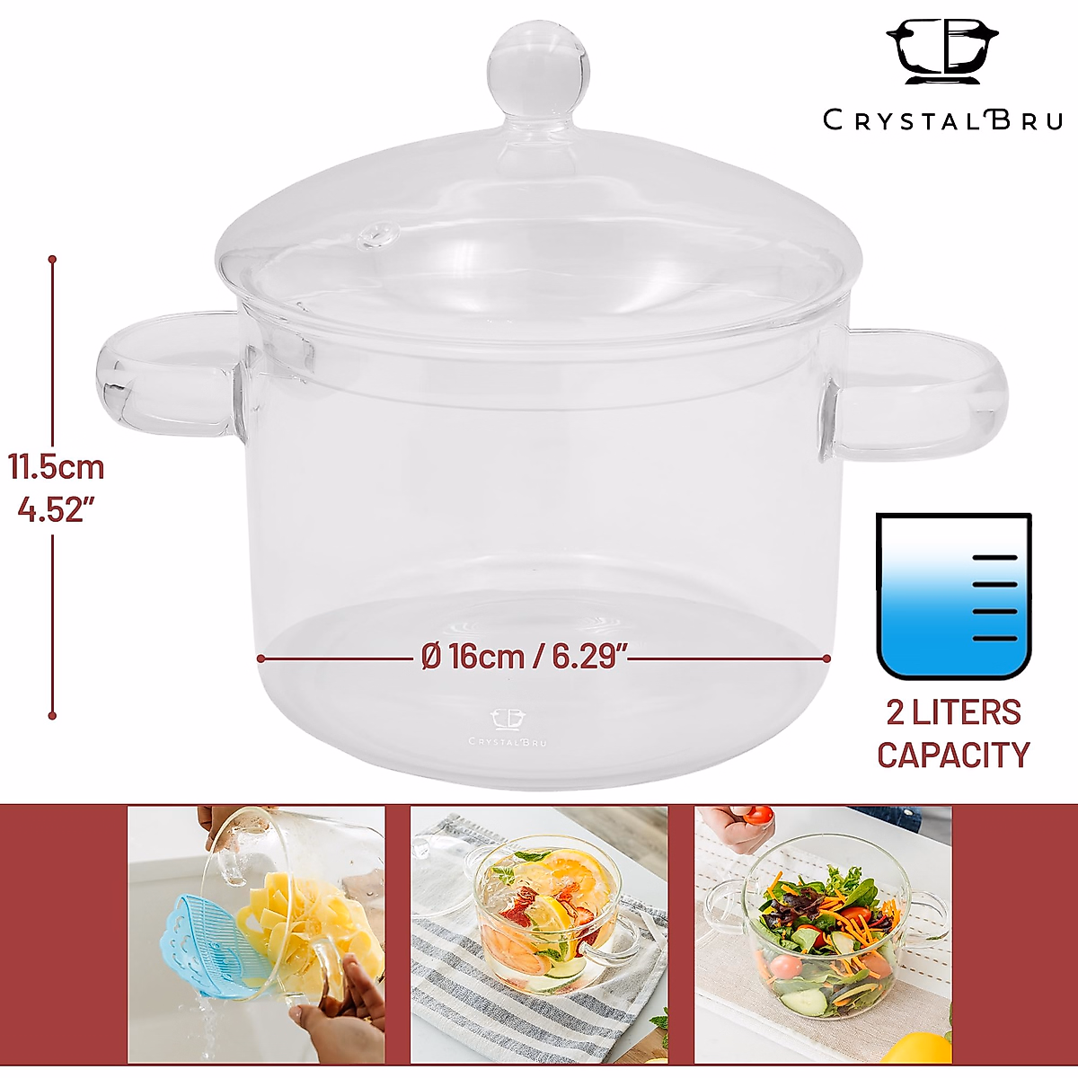 2L Clear Glass Simmer Pot with Lid & Strainer – Heat-Resistant Borosilicate Cooking Pot for Pasta, Soup, Baby Food, Milk – Electric Simmer Pot for Home Fragrance – Anti-Scald Handles