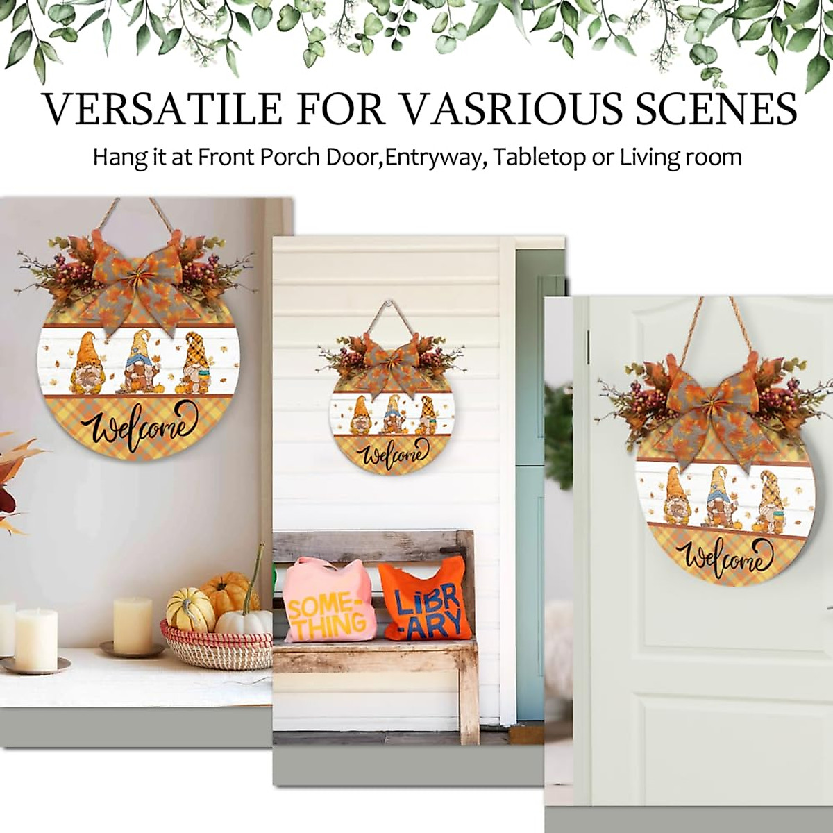 Thanksgiving Door Sign Wreath Welcome Fall Door Sign 12in Wooden Autumn Sign with Bowknot Fall Gnomes Decoration for Home Front Door Porch Thanksgiving Hanging Sign