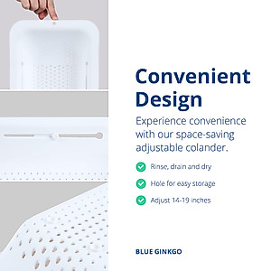 BLUE GINKGO Over the Sink Colander Strainer Basket - Wash Vegetables and Fruits, Drain Cooked Pasta and Dry Dishes - Extendable - New Home Kitchen Essentials (7.9 W x 14.5-19.5 L x 2.75 H) - White