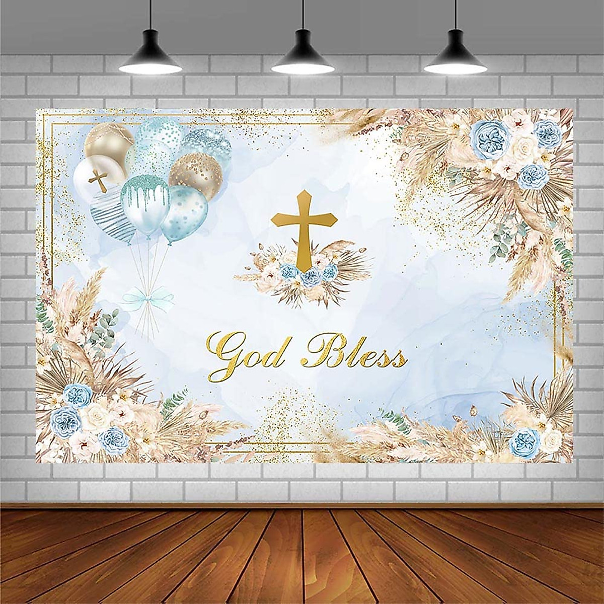 AIBIIN 7x5ft Boho God Bless Baptism Backdrop for Boys Holy Communion Party Decorations Photography Background Blue Marble Floral Christening Ceremony Newborn Baby Shower Banner Photoshoot Props