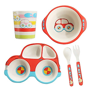 5 Piece Bamboo Dinnerware for Kids, Toddler, Car Plate and Bowl Set, Eco Friendly and Dishwasher Safe, Great Gift for Birthday, Baby Shower