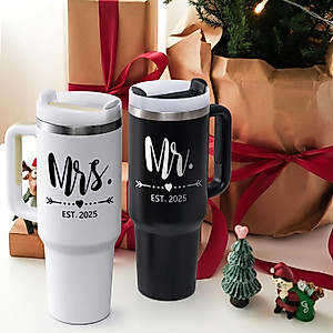Qtencas Mr and Mrs Gifts, Mr and Mrs EST 2025 Stainless Steel Travel Tumblers Set, Engagement Wedding Gifts, 40 oz 2025 Travel Mug for Couples Newlyweds, Bridal Shower Anniversary Cups（Black & White）
