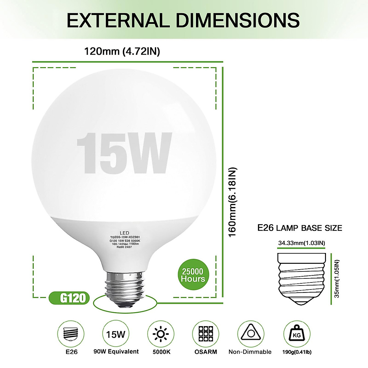 Jardhom LED Light Bulb,G120 Globe Bulb,15W (150W Equivalent) Globe Light Bulbs,Daylight 5000k Led Bulb,Non-Dimmable,E26 Base Large Decorative Lamp,1100 Lumer, for Indoor Room Lighting Globe Light