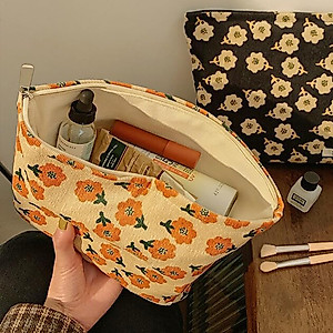 SxoSyo Cosmetic Bags for Women Makeup Bag Large Capacity Purse Travel Toiletry Zipper Storage Pouch Make up Brushes Organizer for Gifts (Orange, flower)