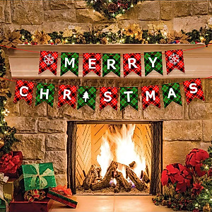 Red&Green Merry Christmas Banner, Christmas Party Decoration,Christmas Plaid Bunting Garland for Outdoor Indoor Hanging Decor and Fireplace Xmas Party Holiday Supplies Decoration