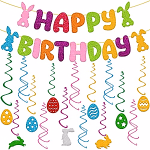 Easter's Birthday Decorations Happy Birthday Banner Glitter Colorful Hanging Swirls Decor Bunny Rabbit Easter Egg Spring Theme Bday Festival Party Supplies