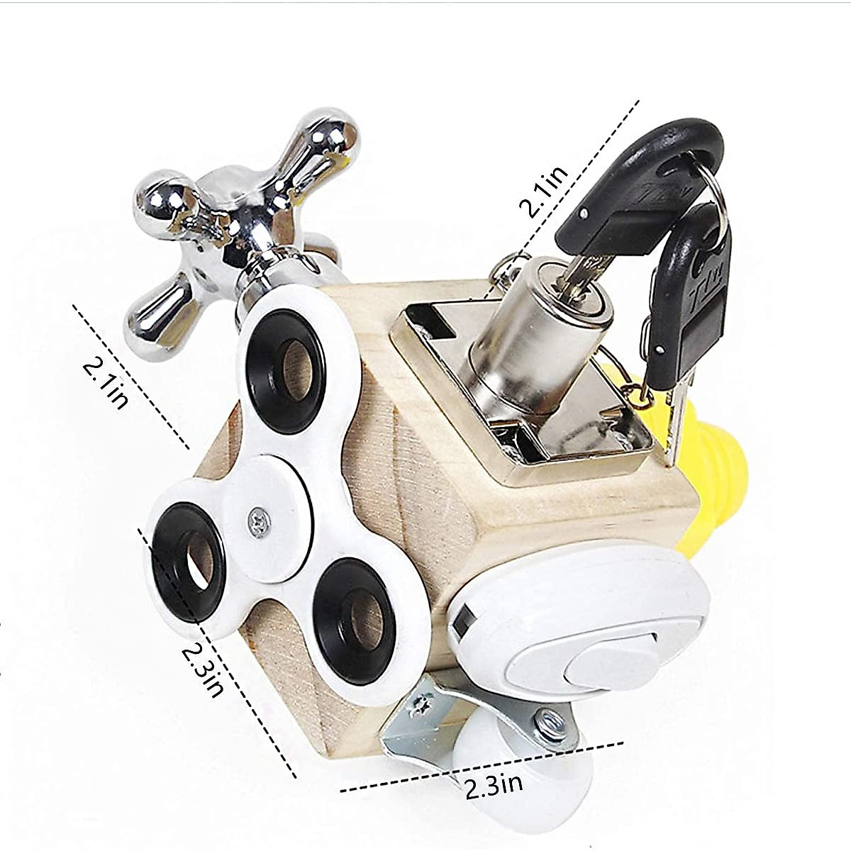 KEBEGE Busy Cube for Kids,Busy Board for Toddlers Fidget Toy Cube Wooden Sensory Board, Montessori Busy Board for Toddlers, Switch Function Early Learning, Learning Toy for Airplane or Car Travel