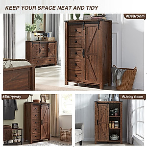 T4TREAM 5 Drawers Dresser for Bedroom w/Sliding Barn Door, Farmhouse Modern Dresser Tall 5 Chest of Drawers, Storage Organizer Dresser for Bedroom, Hallway, Living Room, Kids Room, Reclaimed Barnwood