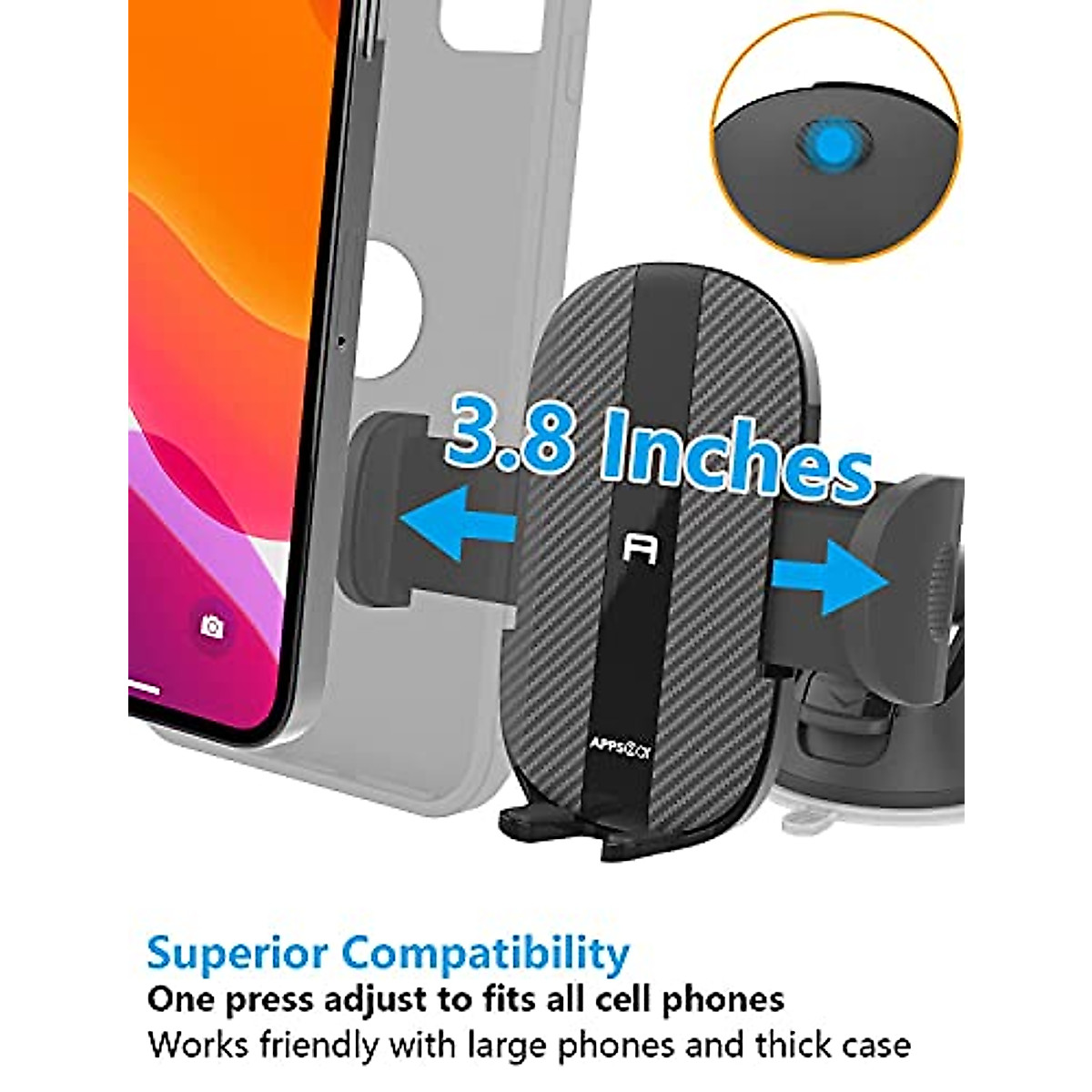 APPS2Car Adjustable Windshield Phone Mount for Car [Quick Extension Long Arm] Suction Cup Cell Phone Holder Compatible with All Smartphones - Easy Clamp Hands-Free Universal