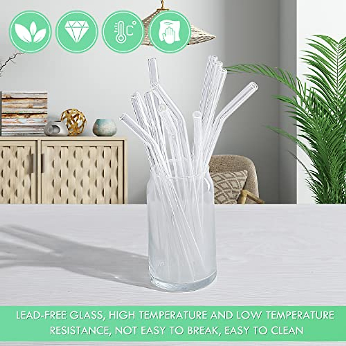 Panleding 16 Pack Reusable Glass Straws, Size 10''x10MM and 8.5''x10MM Each Including 4 Straight and 4 Bent, Clear Glass Drinking Straw with 4 Cleaning Brushes Perfect for Juice, Smoothies, Cocktail