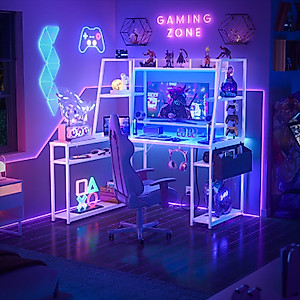 L Shaped Gaming Desk with Hutch & Shelves, 47'' Gaming Computer Desk with LED Lights & Power Strips, Reversible PC Gaming Desk L Shape with Storage, L Desk for Gaming with Monitor Stand, White