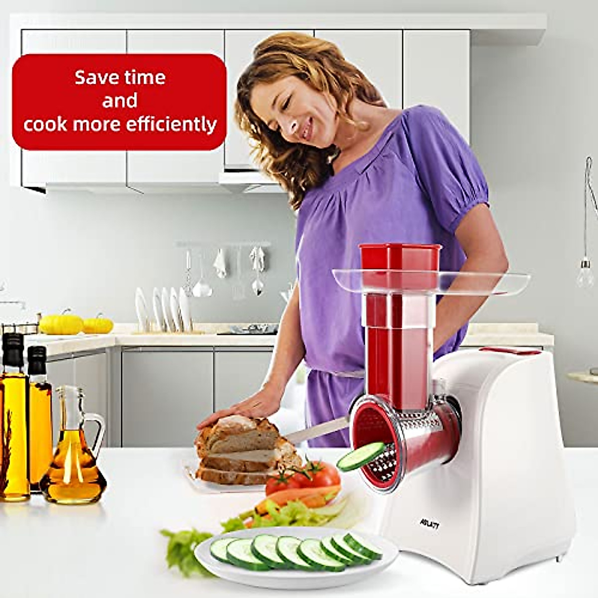 Electric Slicer, ASLATT Electric Cheese Grater for Home Kitchen Use, One-Touch Control Cheese Shredder, Salad Maker Machine for Fruits, Vegetables, Cheese Grater with 5 Attachments, 120V,White