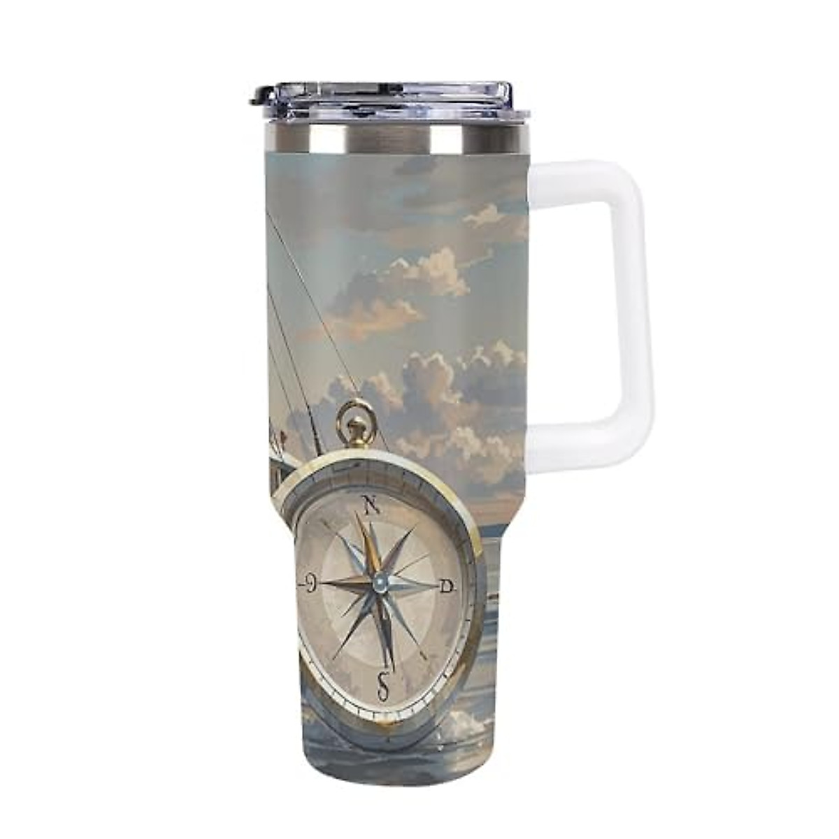 LLUTSNTH 40 Oz Vacuum Tumbler with White Handle Leakproof Insulated Tumbler Ship And Compass Stainless Steel Travel Mug with Lid And Straw Coffee Cup Cute Water Bottles Cup Holder Friendly