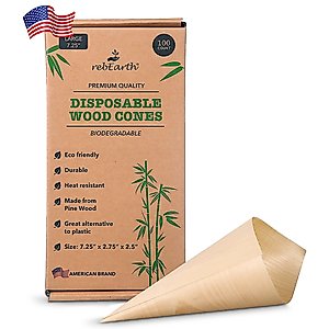 rebEarth Disposable Wood Cones - Heat Resistant Cones for Charcuterie Food, Appetizers & Snacks - Pinewood Cone Cups for Party Food Display, Alternative to Plastic - Small Wooden Cones, 5" 100 Count