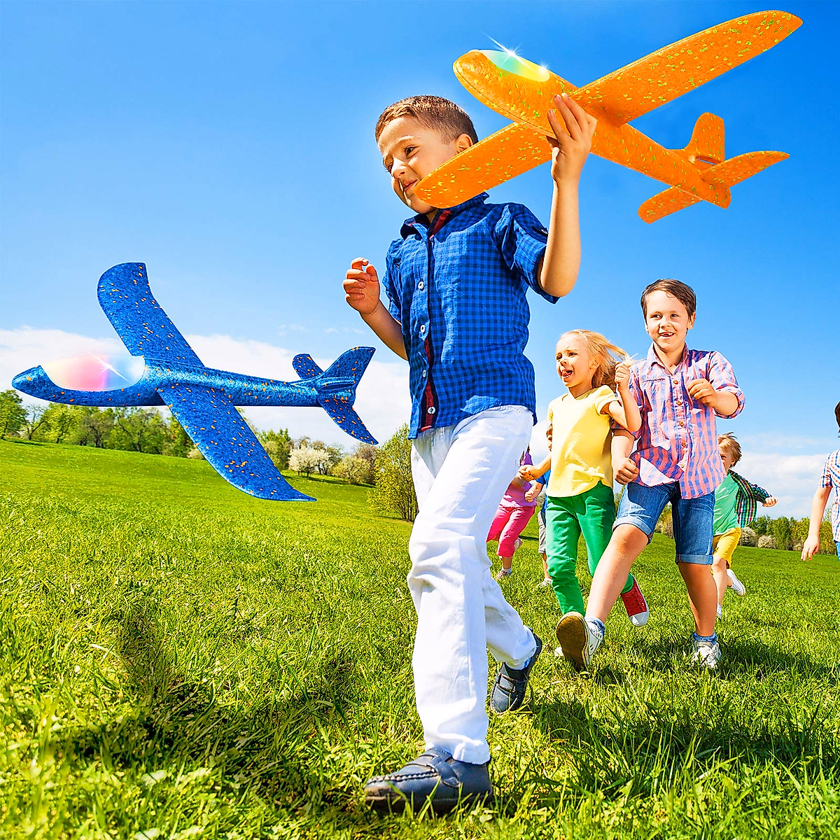 2 Pack LED Light Airplane,17.5" Large Throwing 2 Flight Mode Glider Plane,Flying Toy for Kids,Gifts for 3 4 5 6 7 8 9 Years Old Boy,Outdoor Sport Toys Birthday Party Favors Foam Airplane