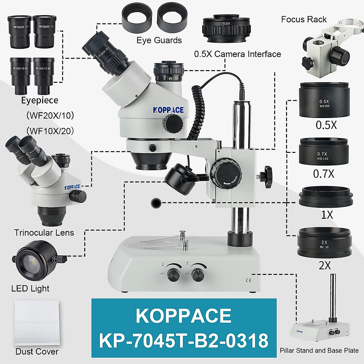 KOPPACE 3.5X-180X Trinocular Stereo Microscope Upper and Lower LED Light Source Continuous Zoom Lens Mobile Phone Repair Microscope.