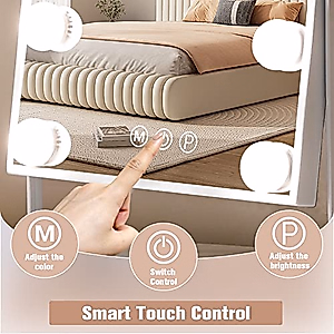 Leishe Vanity Mirror with Lights Hollywood Lighted Makeup Mirror with 9 Dimmable Bulbs & 3 Color Lighting Modes, Detachable 10X Magnification Mirror and 360 Degree Rotation(White)