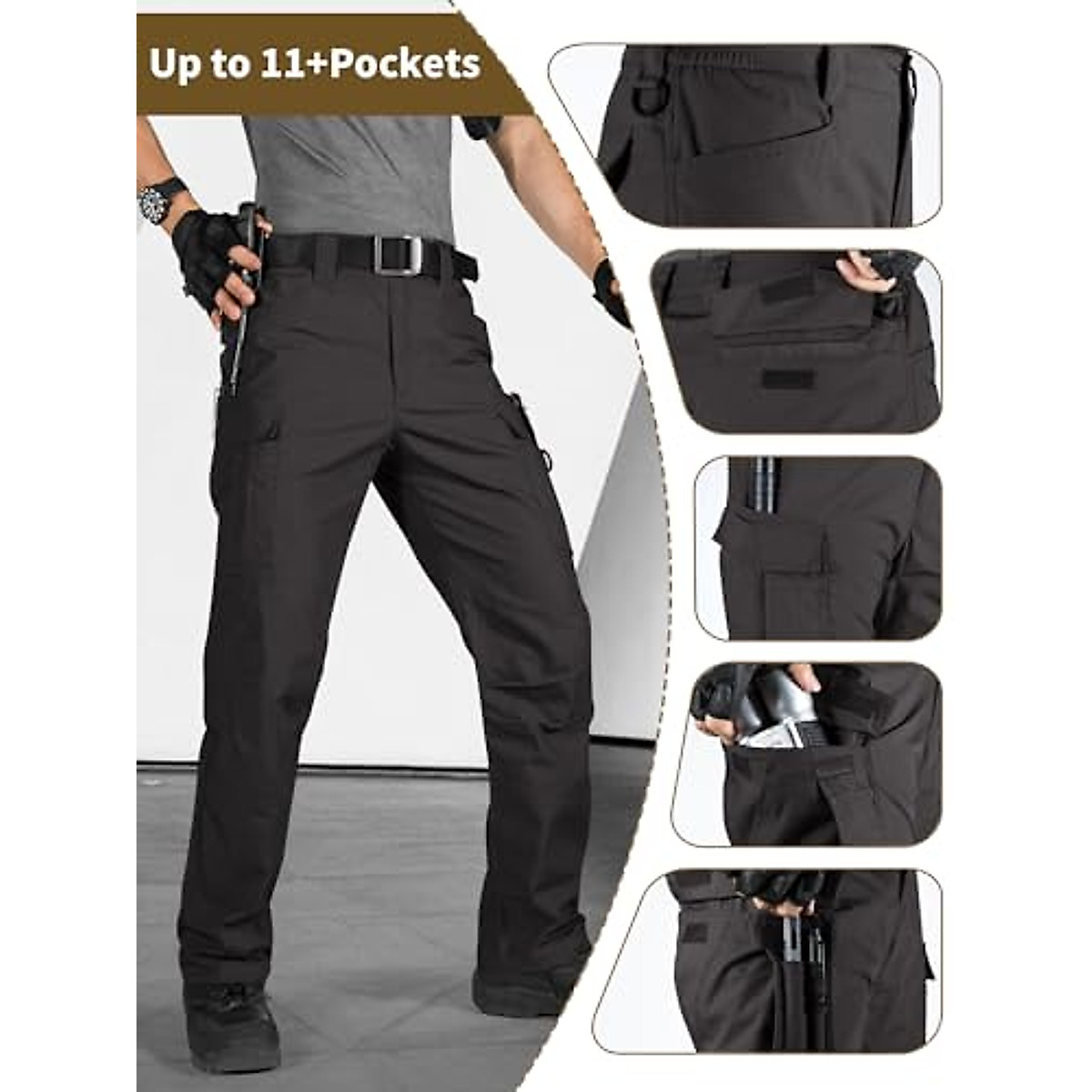 FREE SOLDIER Men's Water Resistant Pants Relaxed Fit Tactical Combat Army Cargo Work Pants with Multi Pocket (Black 34W x 30L)