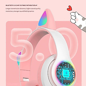 Cat Ear Headphones, Bluetooth 5.0 Cute Cat Ear Headphones Foldable HiFi Sound Quality Stereo Effect Rainbow Light Effect Kitty Gaming Headset for Kids Boys Girls PC Laptops Smartphones