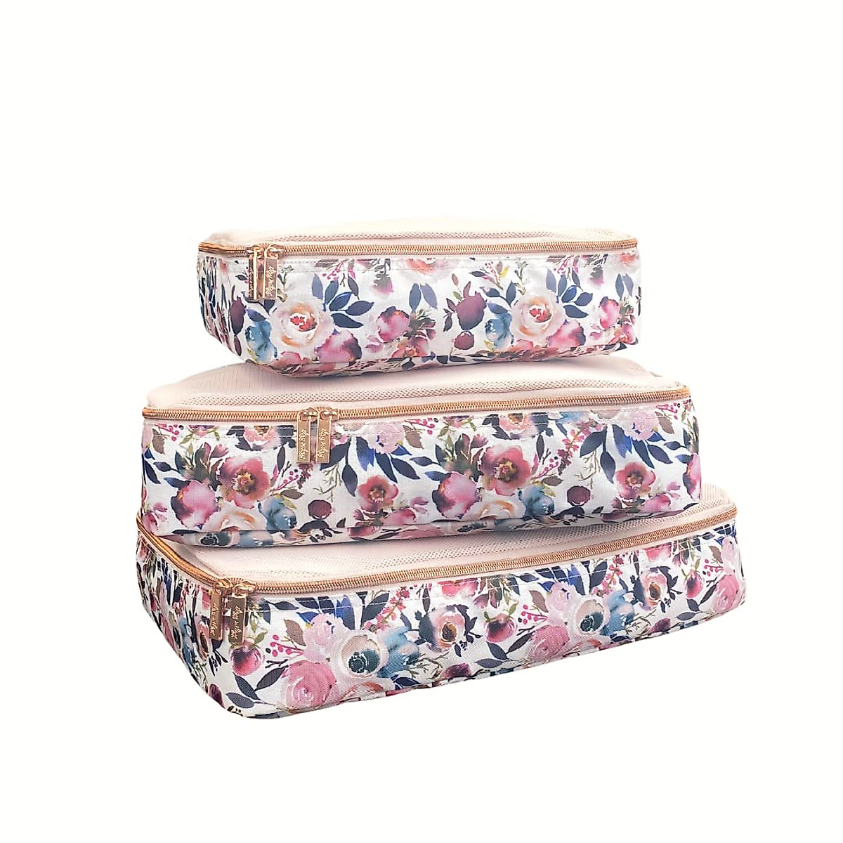 Itzy Ritzy Packing Cubes for Travel – Set of 3 Large Packing Cubes or Travel Organizers; Each Cube Features a Mesh Top, Double Zippers and a Fabric Handle; Large Sizes (Blush Floral)