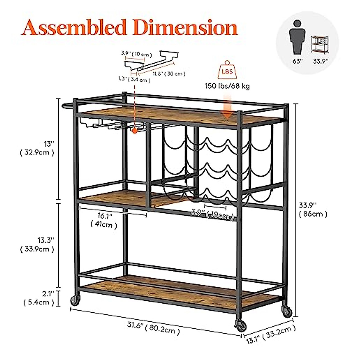 Lifewit Bar Cart for The Home, 3 Tier Drink Cart with Lockable Wheels, 12 Wine Rack and 3 Rows Glass Holders, Liquor Serving Cart for Kitchen Dining Livingroom, 31.6" x 13.1" x 33.9", Rustic Brown