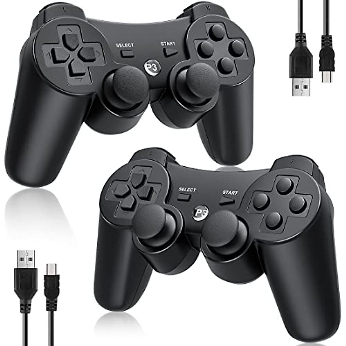 Controller 2 Pack for PS3 Wireless Controller for Sony Playstation 3, Double Shock 3, Bluetooth, Rechargeable, Motion Sensor, 360° Analog Joysticks, Remote for PS3, 2 USB Charging Cords, Black