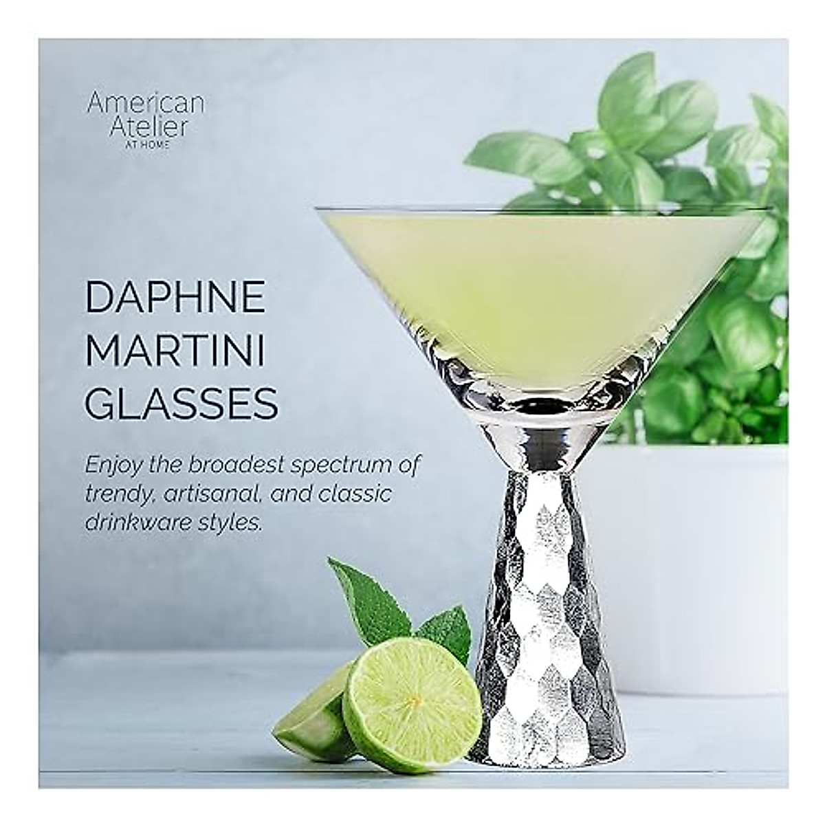 American Atelier Daphne Martini Glasses | Set of 2 | Hammered Metal Design | 9-Ounce Capacity | Elegant Cocktail Barware for Martini or Cosmopolitan (Silver)
