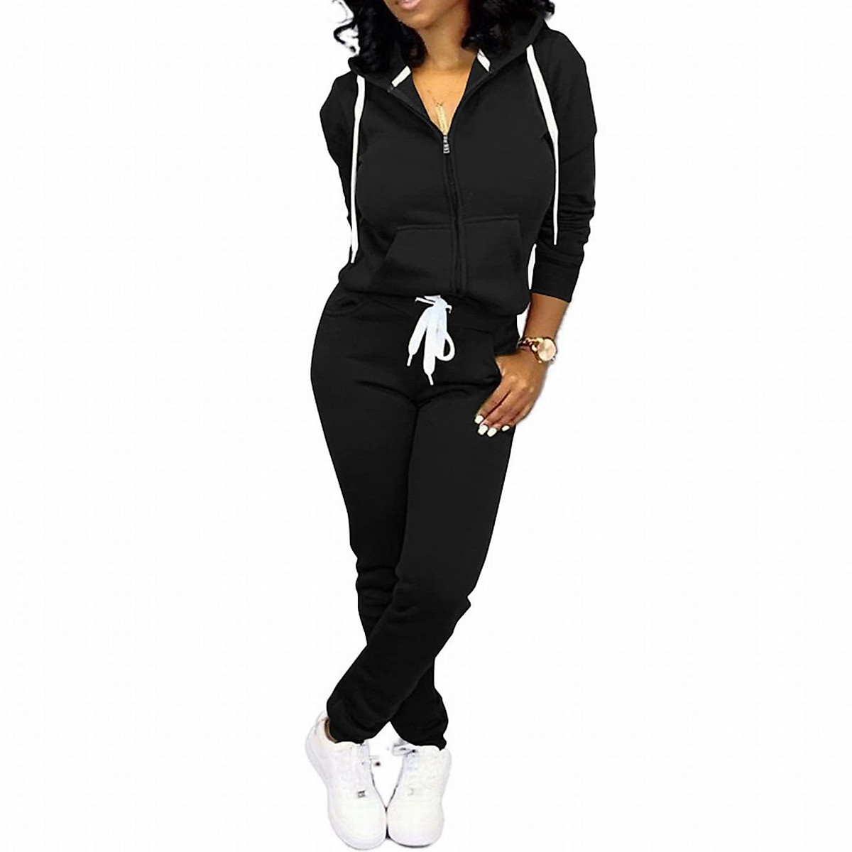 CLOCOR 2 Piece Outfits for Women - Casual 2 Piece Sweatsuit Pocket Tracksuit Long Sleeve with Patchwork Pants Set Black-1-L