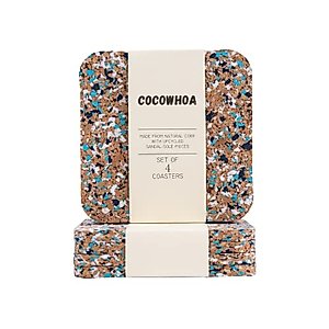 Recycled Drink Coasters, Set of 4, Cork Coasters for Drinks, Made from Recycled Sandals, Colorful Drink Coaster for Desk, Coffee Table, Kitchen, and Bar, BPA Free, Easy to Clean, by Cocowhoa (Blue)