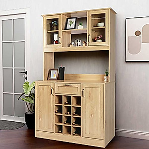 OKL Kitchen Pantry Storage Cabinet, 71" Traditional Freestanding Kitchen Buffet with Hutch with Microwave Countertop & Shelves, Kitchen Cupboard with Glass Doors for Living Room, Dining Room, Brown